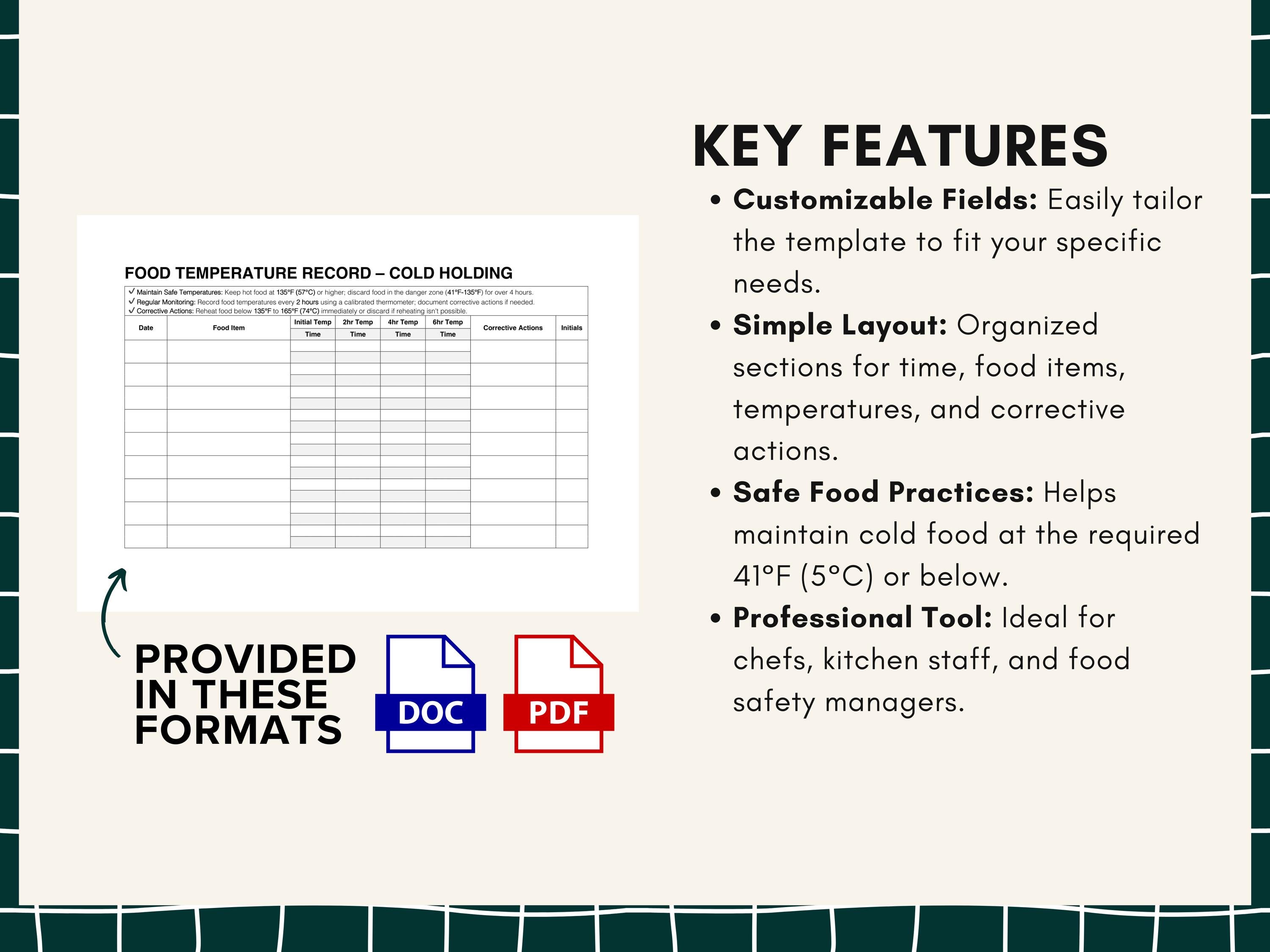 Cold Food Temperature Log, Cold Food Holding Temperature Sheet, Food ...