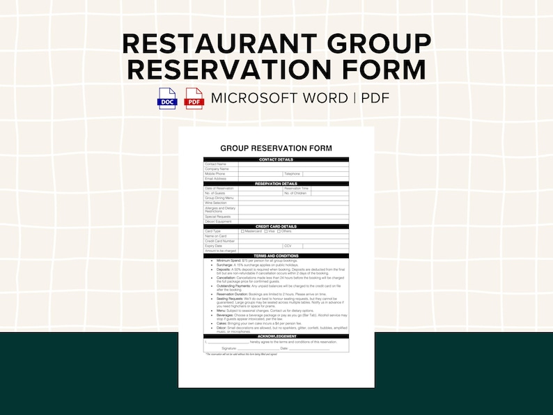 Editable Restaurant Reservation Sheet, Large Groups, Events, Editable ...