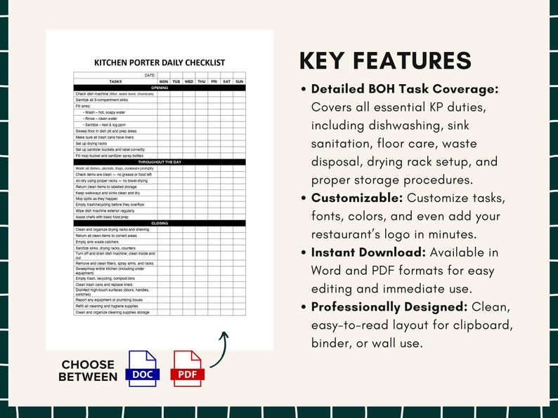 Kitchen Porter Daily Checklist Template, Restaurant Dishwasher Task ...