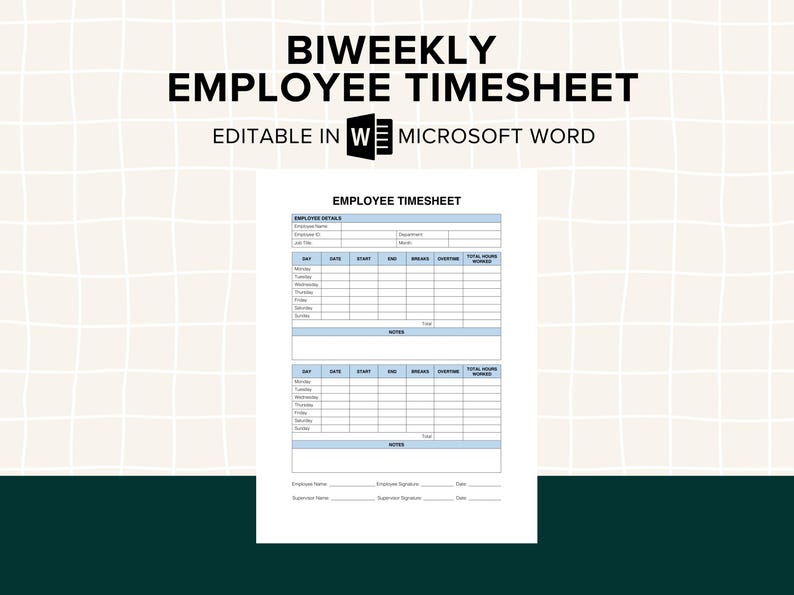 Printable Biweekly Time Sheet, Fortnightly Time Keeping Log, Employee ...