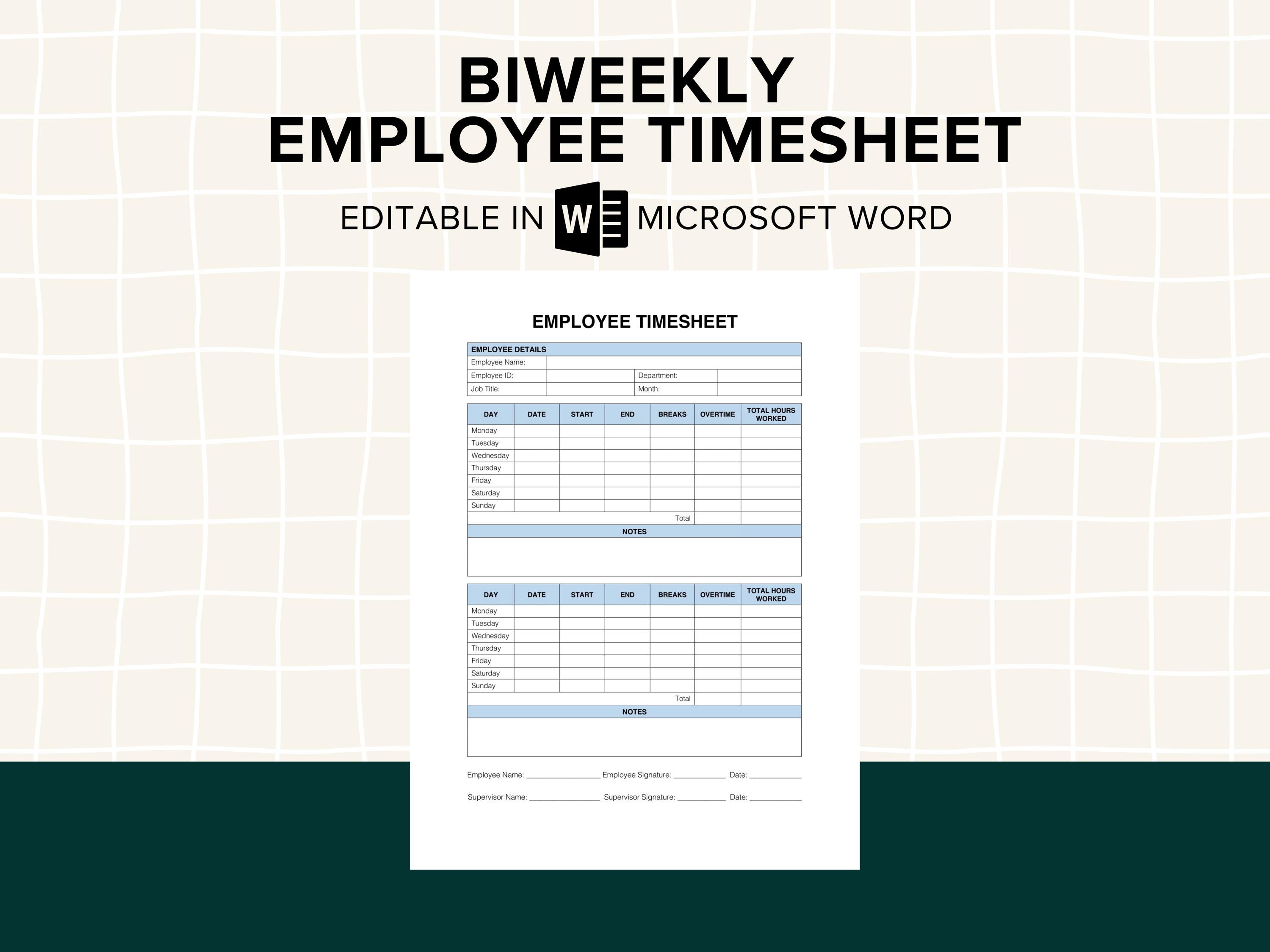 Printable Biweekly Time Sheet, Fortnightly Time Keeping Log, Employee ...