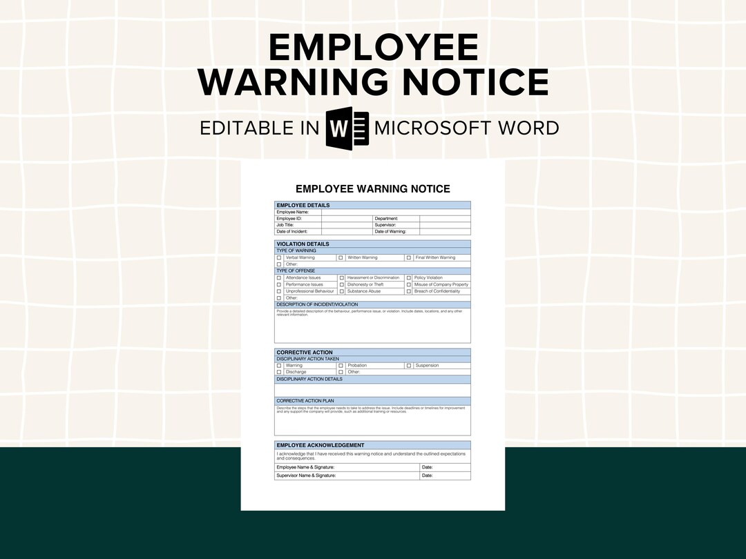 Employee Conduct Warning Notice, Disciplinary Action Form, Written ...