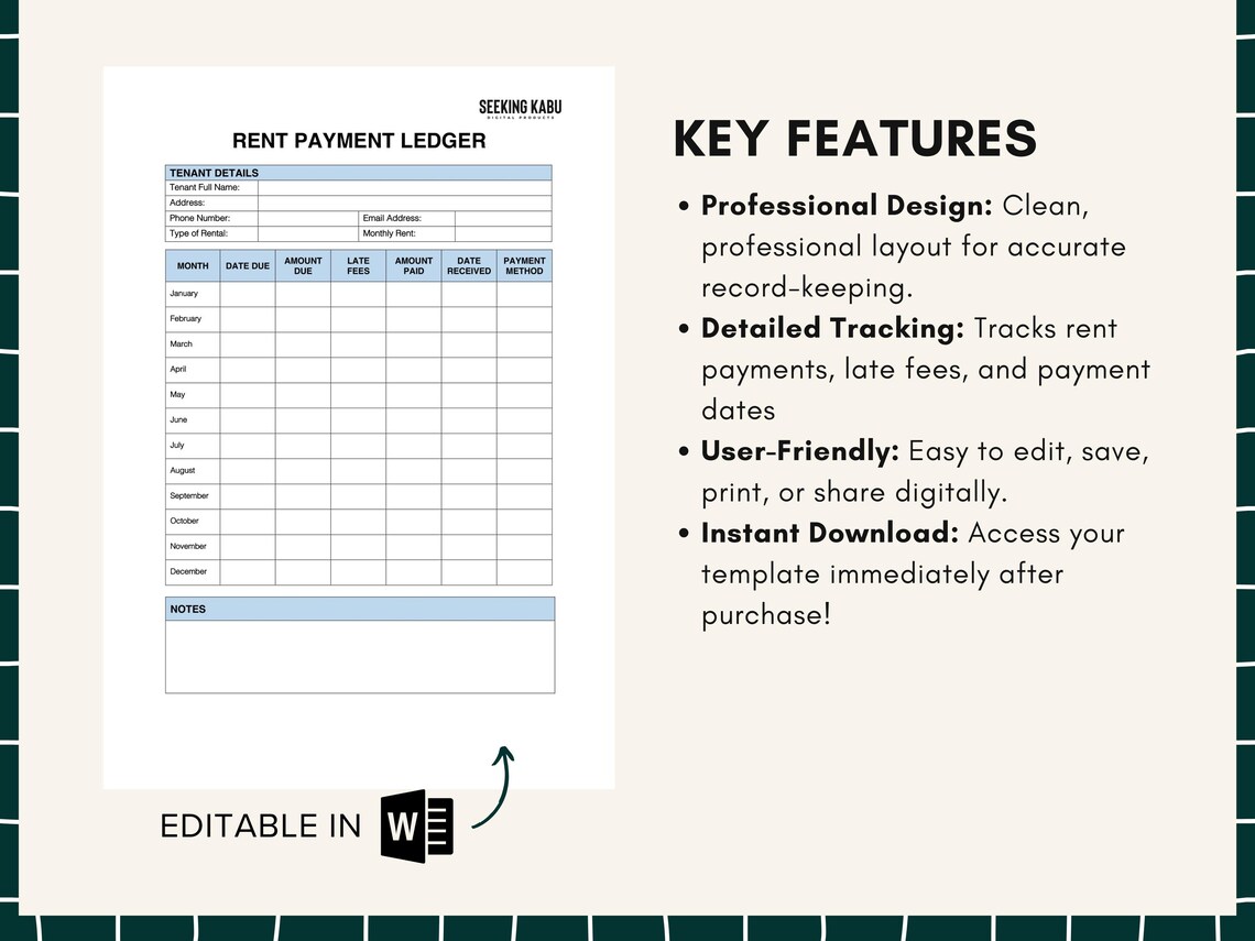 Monthly Rent Payment Ledger, Rental Income Tracker, Property Management ...