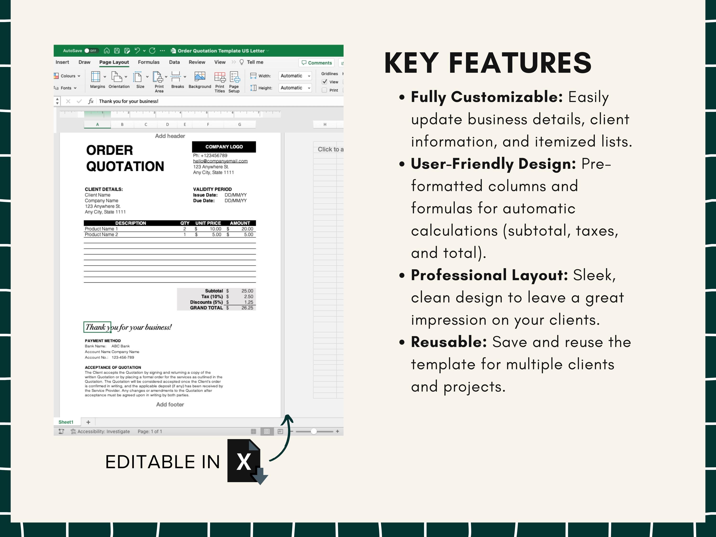Order Quotation Excel Template, Custom Printable Business Forms ...