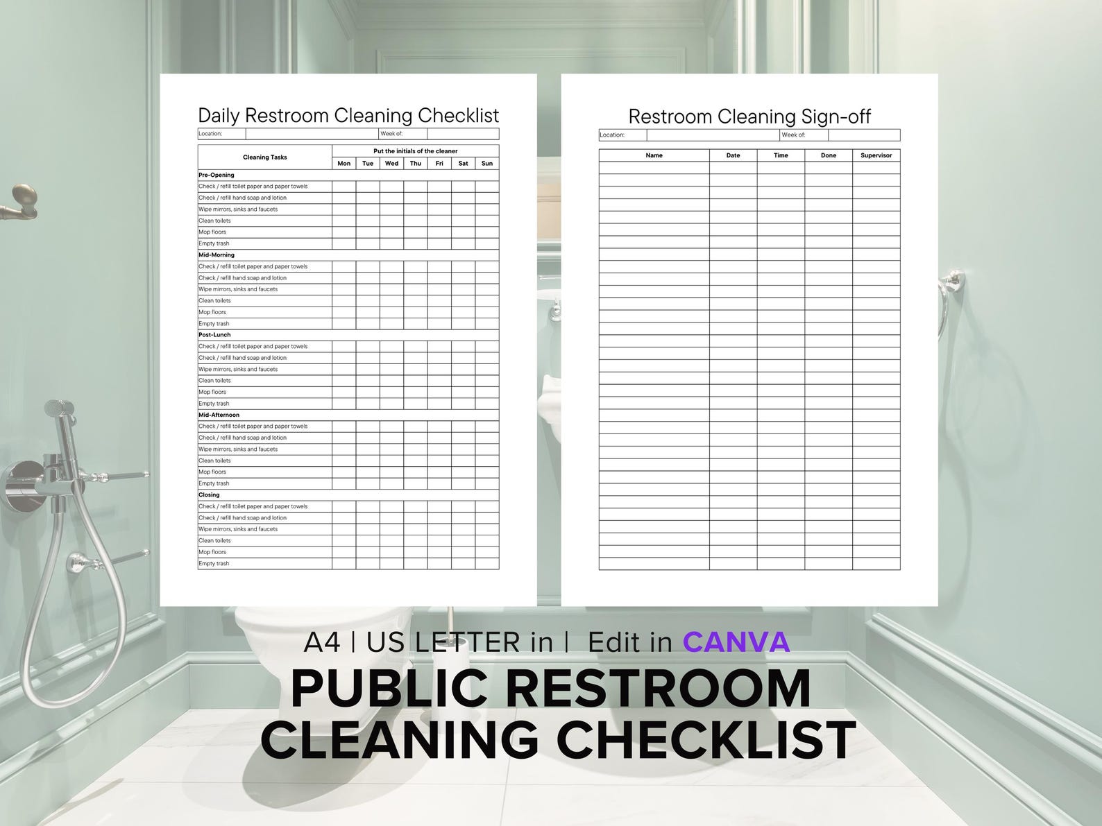 Public Restroom Cleaning Checklist and Sign off Sheet, Editable ...