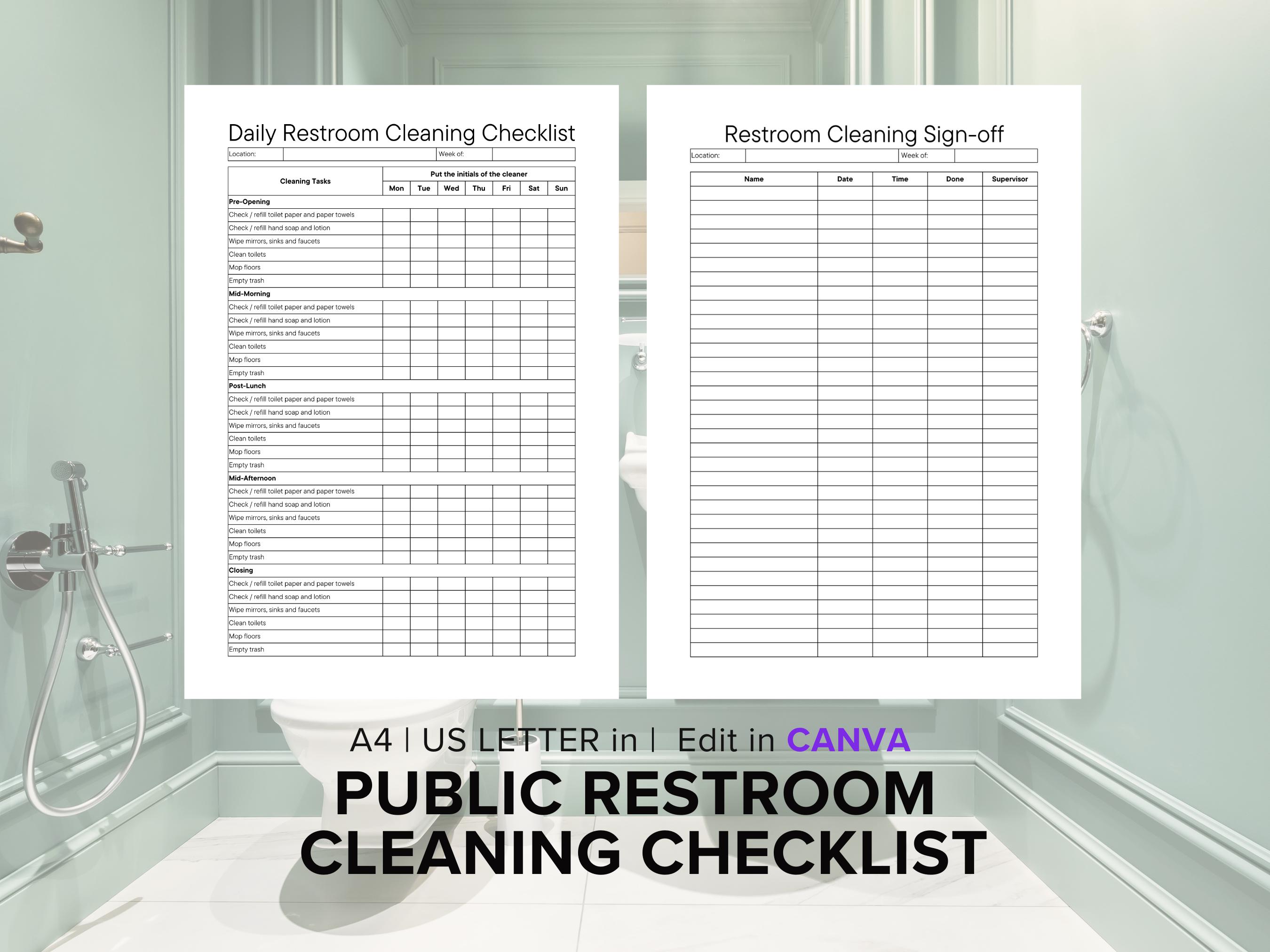 Public Restroom Cleaning Checklist and Sign off Sheet, Editable ...