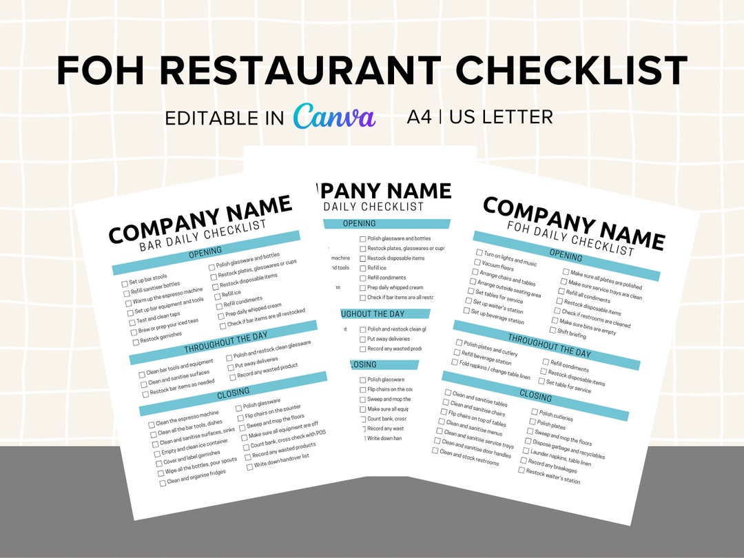 FOH Restaurant Daily Checklist, for Server, Manager and Bartender, for ...