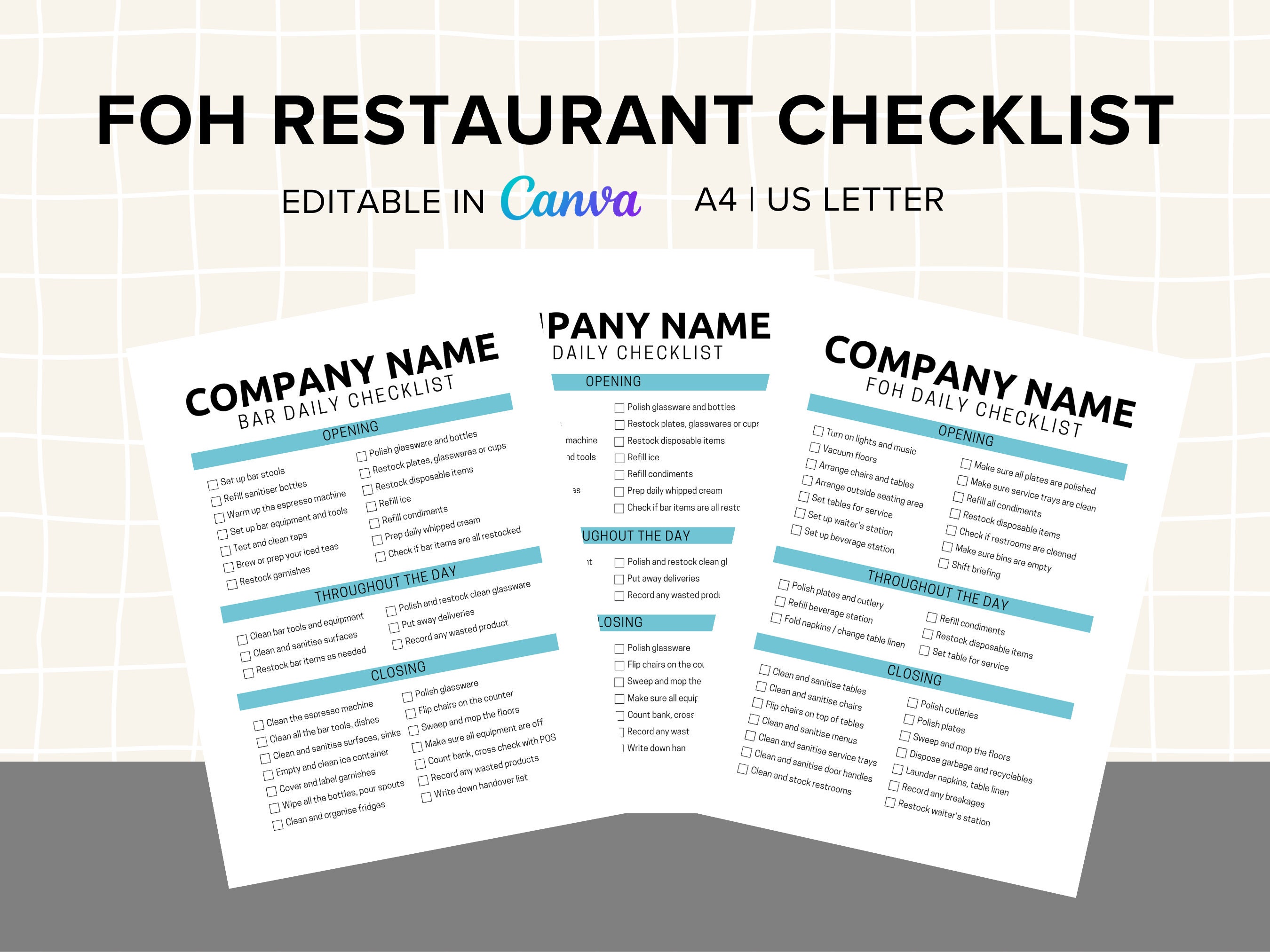 FOH Restaurant Daily Checklist, for Server, Manager and Bartender, for ...