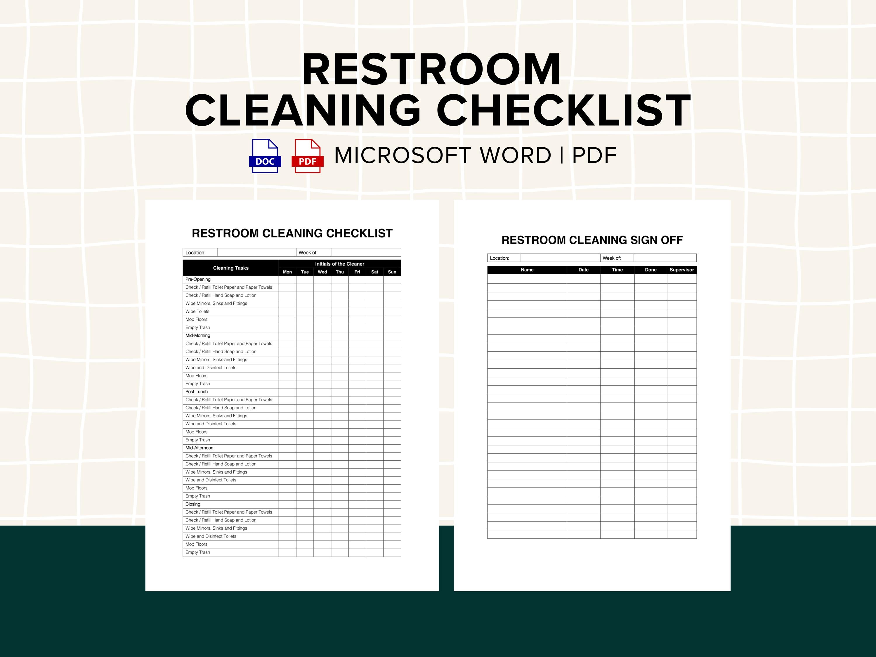 Editable Restroom Cleaning Checklist, Printable Toilet Sign off Form ...