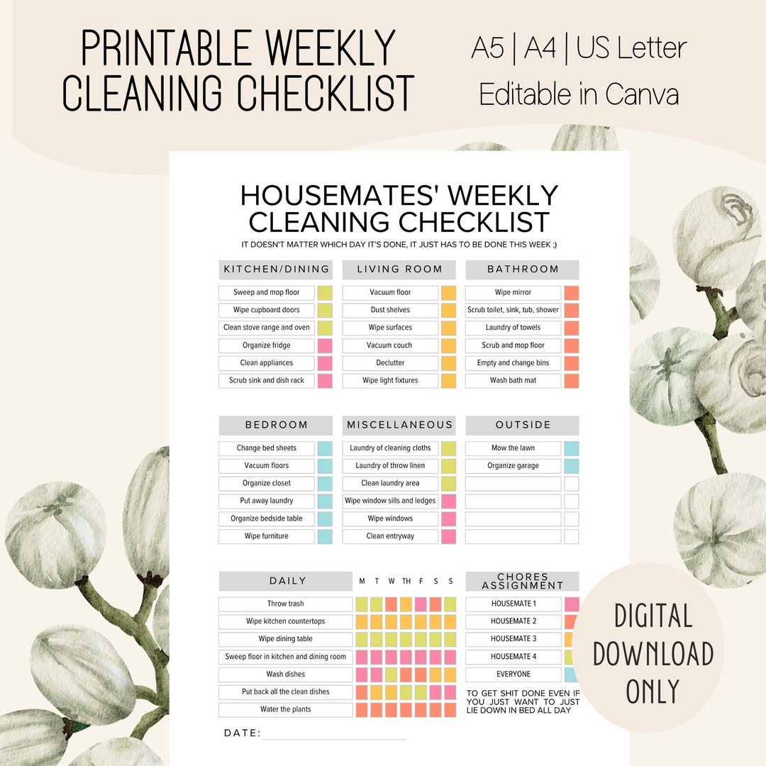 Editable Weekly Cleaning Checklist Weekly Cleaning Checklist - Etsy