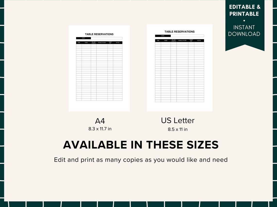 Restaurant Table Reservation Template | Editable Table Booking Form ...