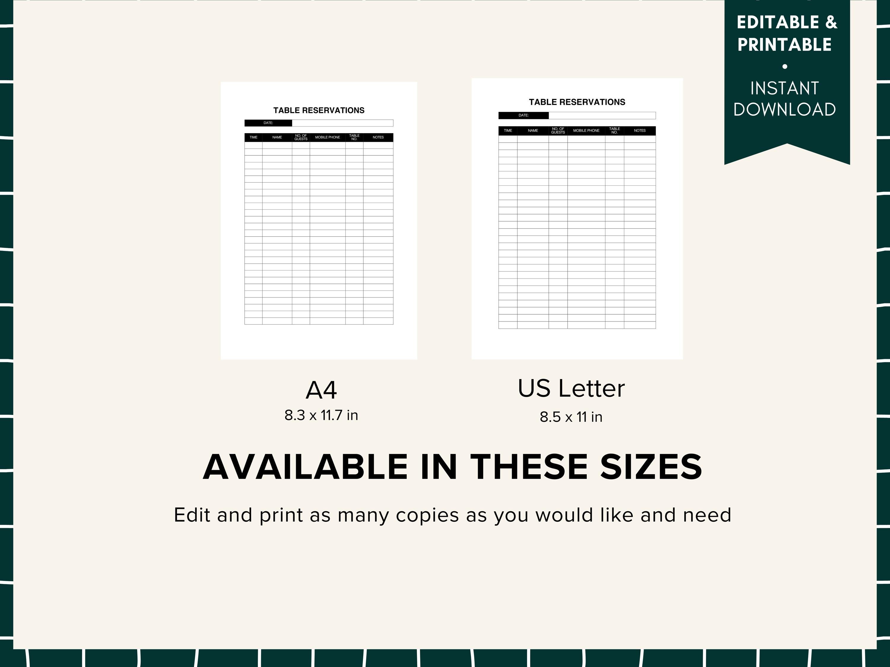 Restaurant Table Reservation Template | Editable Table Booking Form ...