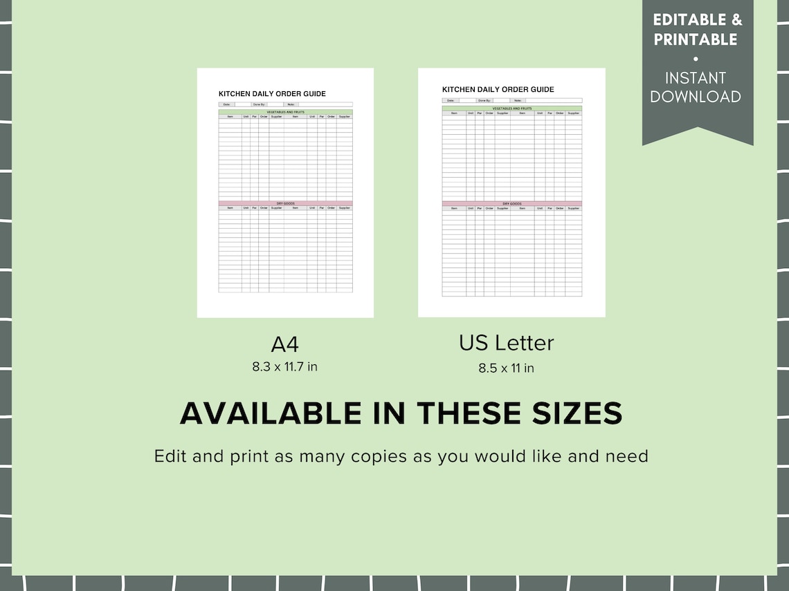 Restaurant Kitchen Templates Bundle, Order and Prep List, Fridge and ...