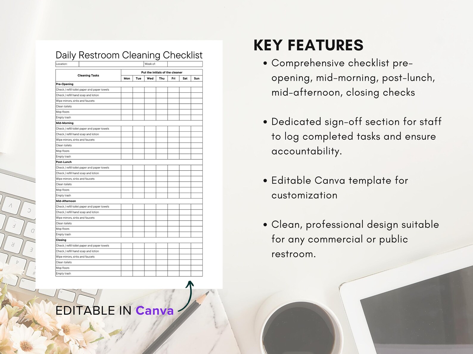 Public Restroom Cleaning Checklist and Sign off Sheet, Editable ...
