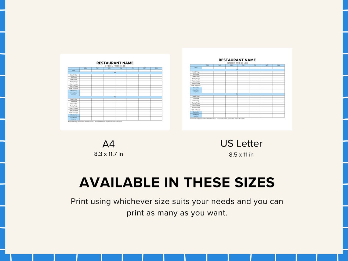 Restaurant Fridge Temperature Log, Commercial Kitchen and Bar, AM and ...