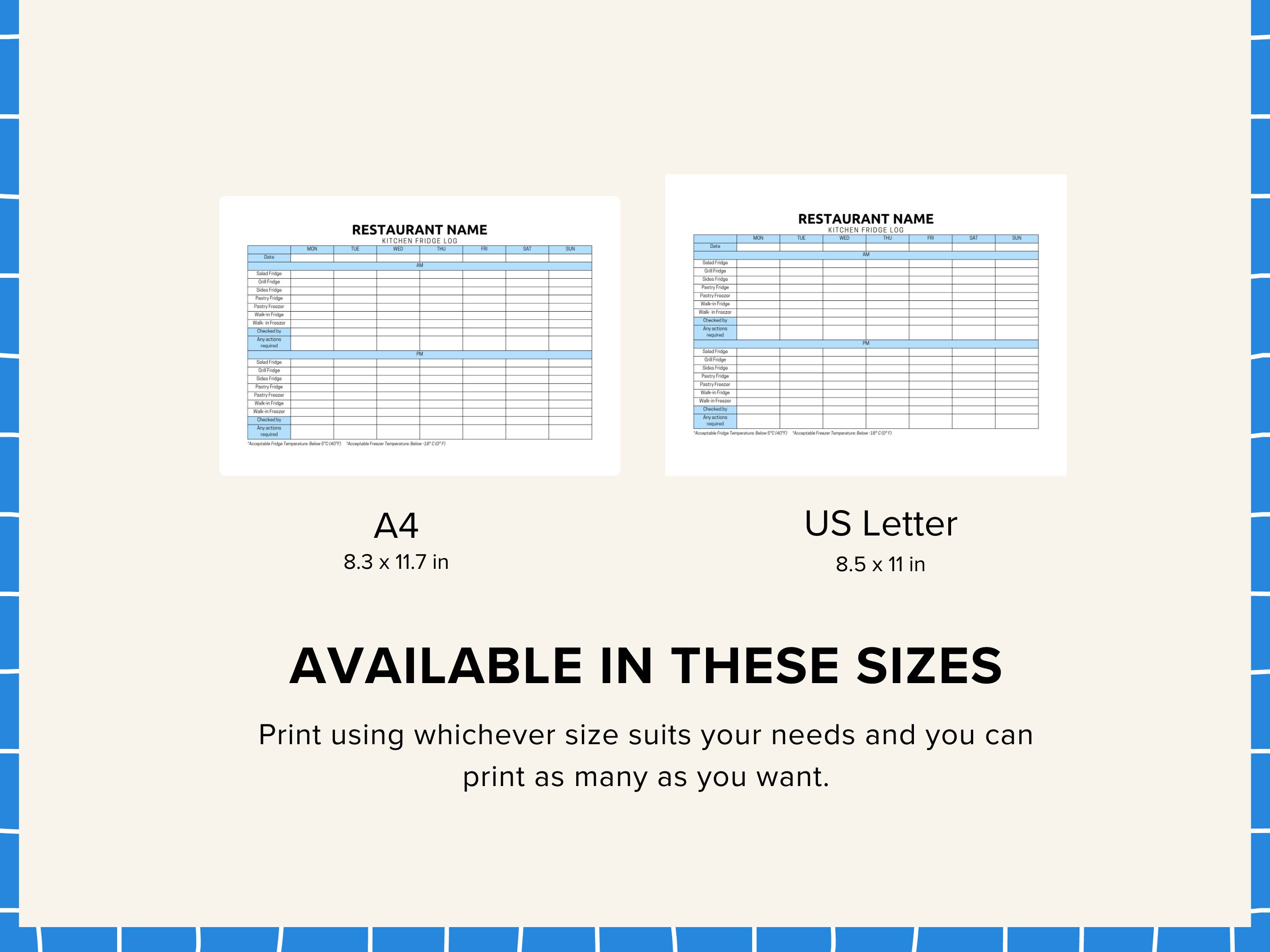Restaurant Fridge Temperature Log, Commercial Kitchen and Bar, AM and ...
