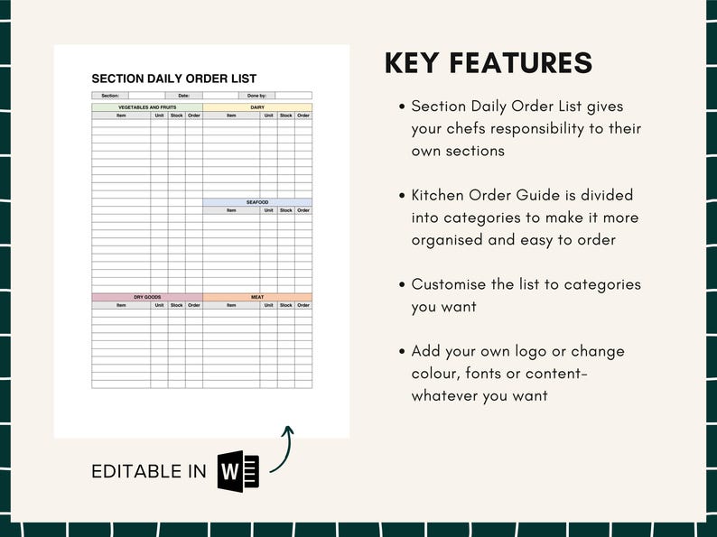 Kitchen Daily Order List, Order Guide. Restaurant and Cafe, Checklist ...