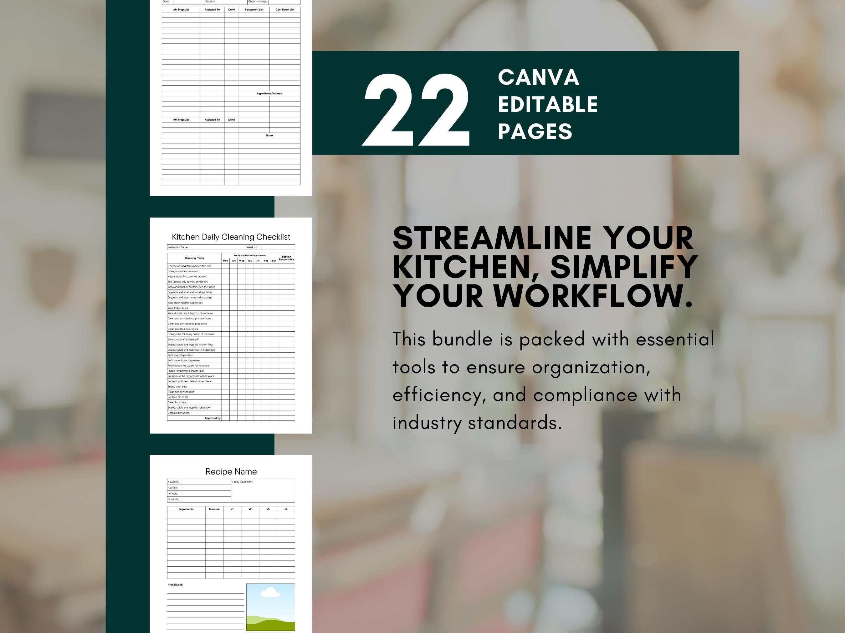 Restaurant Kitchen Templates Bundle, Canva Editable, Cafe BOH, HACCP ...