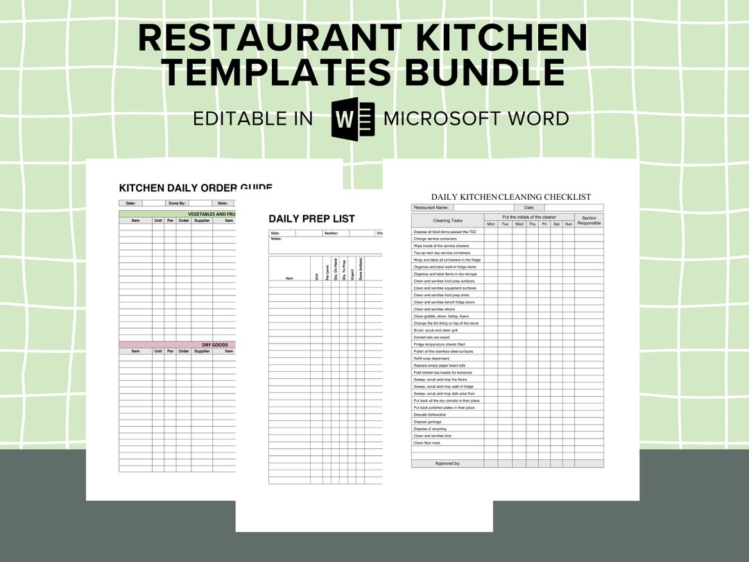 Restaurant Kitchen Templates Bundle, Order and Prep List, Fridge and ...