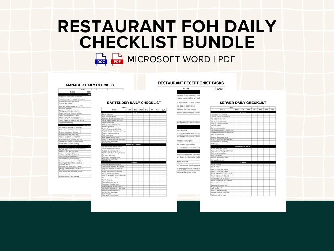 Restaurant FOH Daily Checklist, Server, Bartender, Manager ...