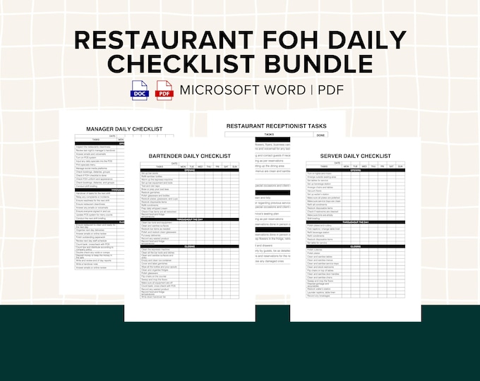 FOH Checklist Template Bundle, Restaurant & Bar Serving Checklists ...