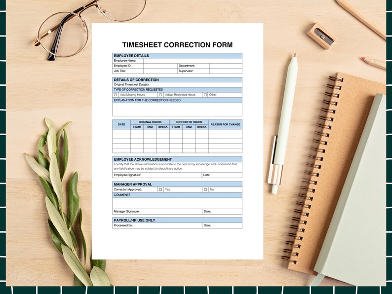 Employee Timesheet Correction Form, Editable Word and PDF, HR Forms ...