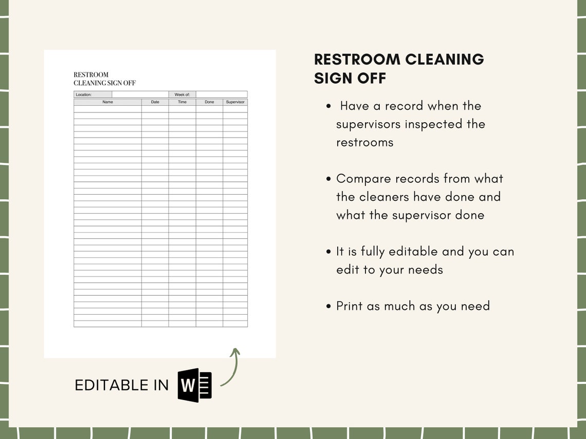 Restroom Cleaning Checklist | Restroom Sign off Form | Editable and ...