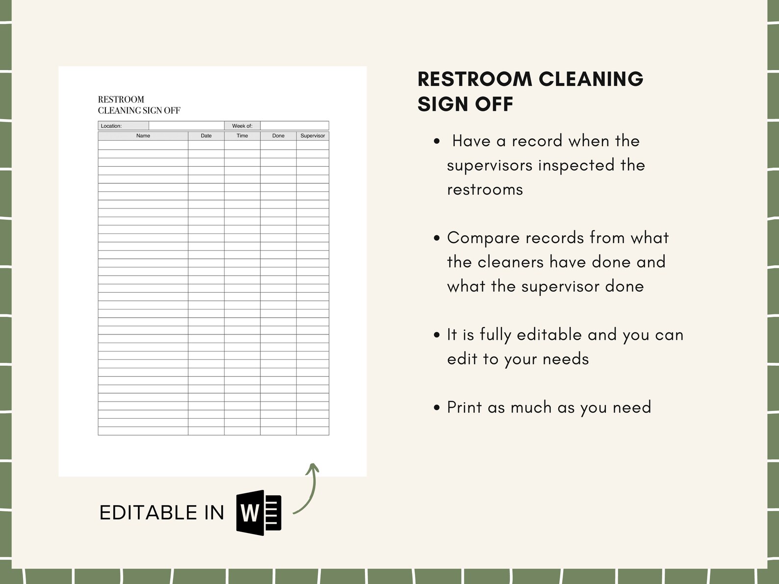 Restroom Cleaning Checklist | Restroom Sign off Form | Editable and ...