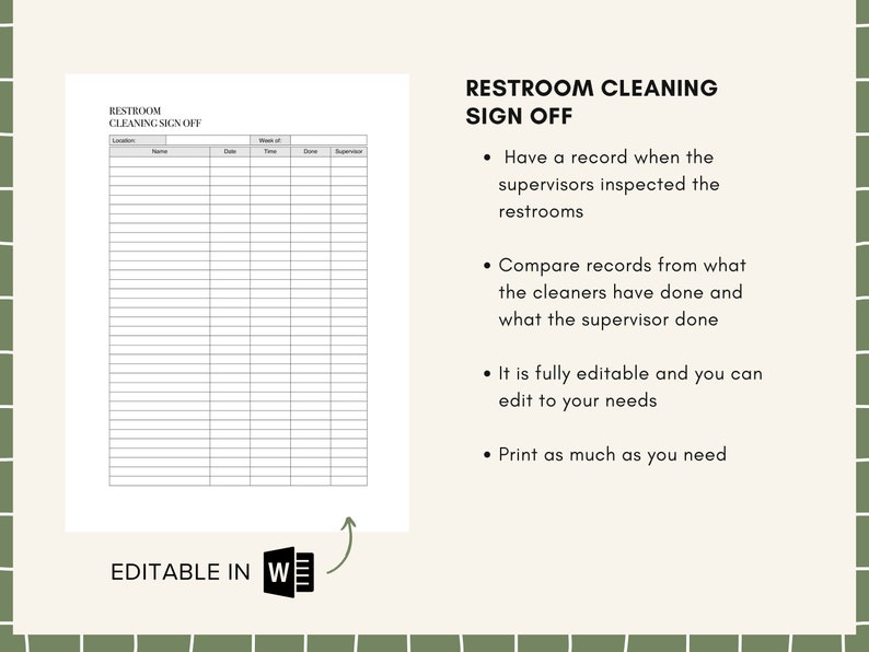Restroom Cleaning Checklist | Restroom Sign off Form | Editable and ...