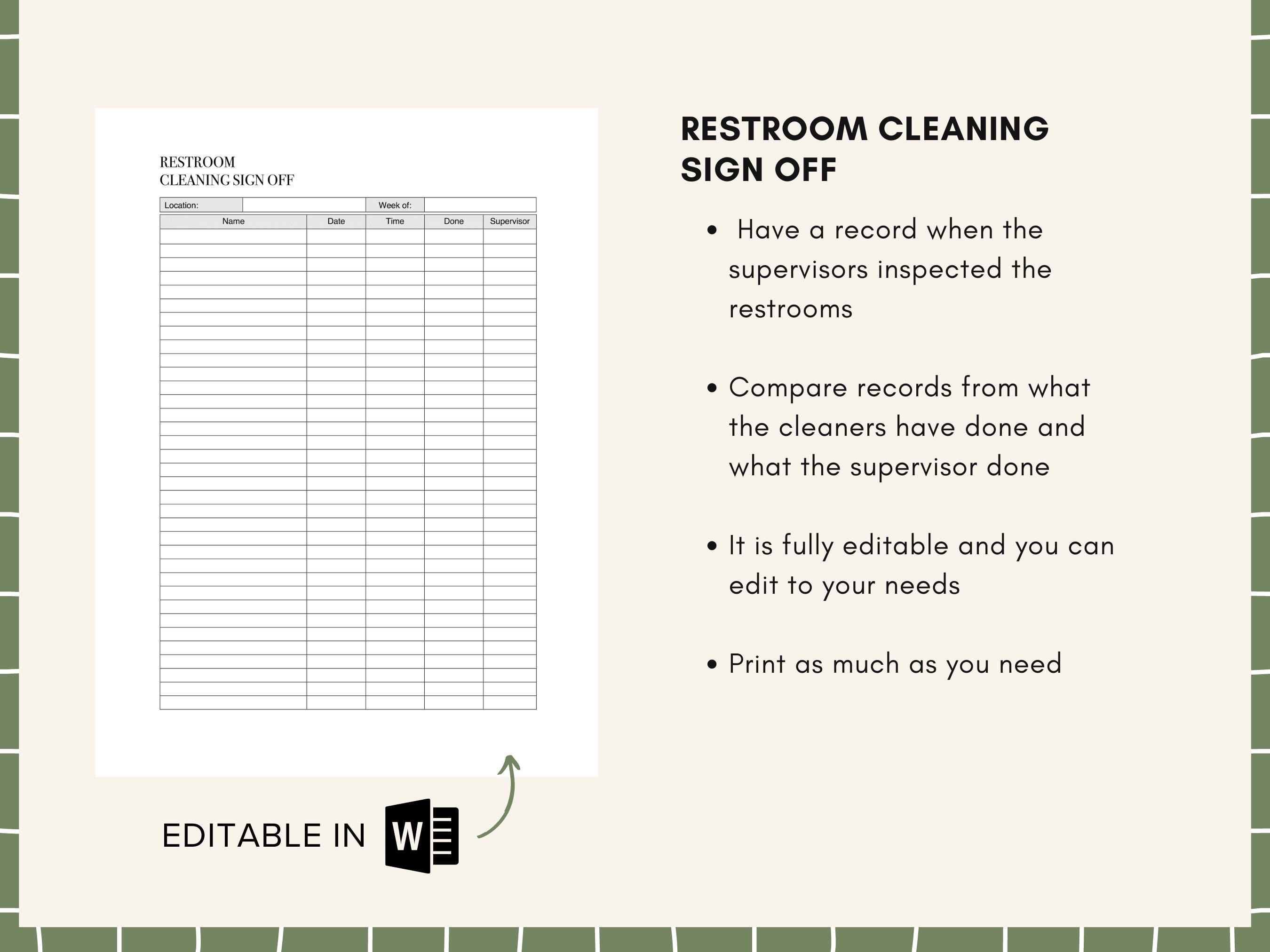 Restroom Cleaning Checklist | Restroom Sign off Form | Editable and ...