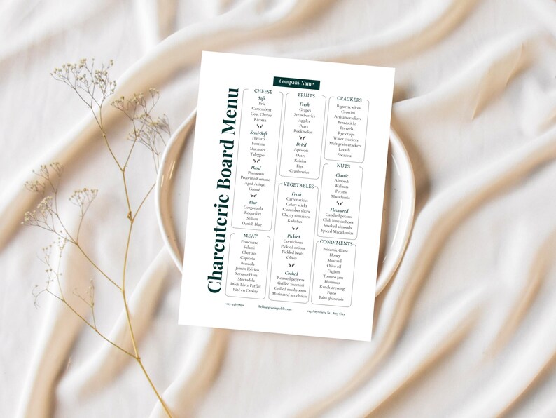 Charcuterie Board Menu Template, Canva Customizable, Small Business ...
