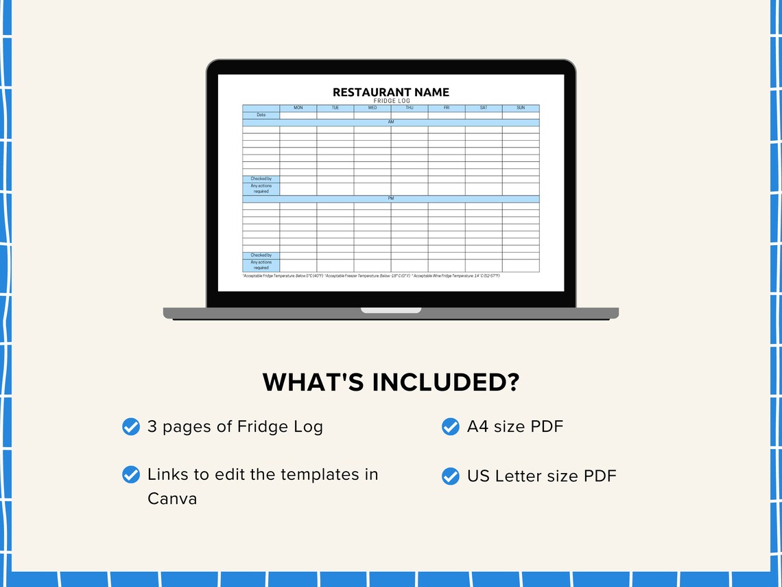 Restaurant Fridge Temperature Log, Commercial Kitchen and Bar, AM and ...