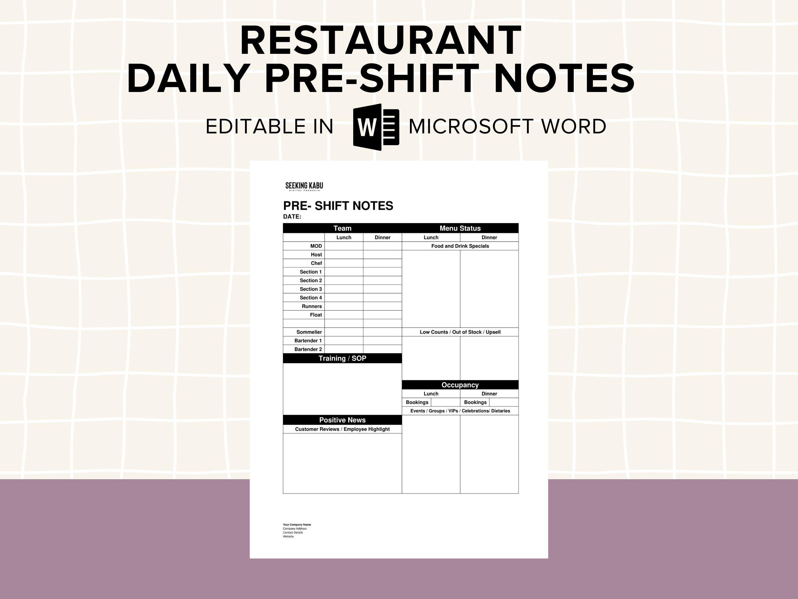 Restaurant Daily Pre-shift Notes; FOH and BOH; Chefs, Waiters; Cafe ...