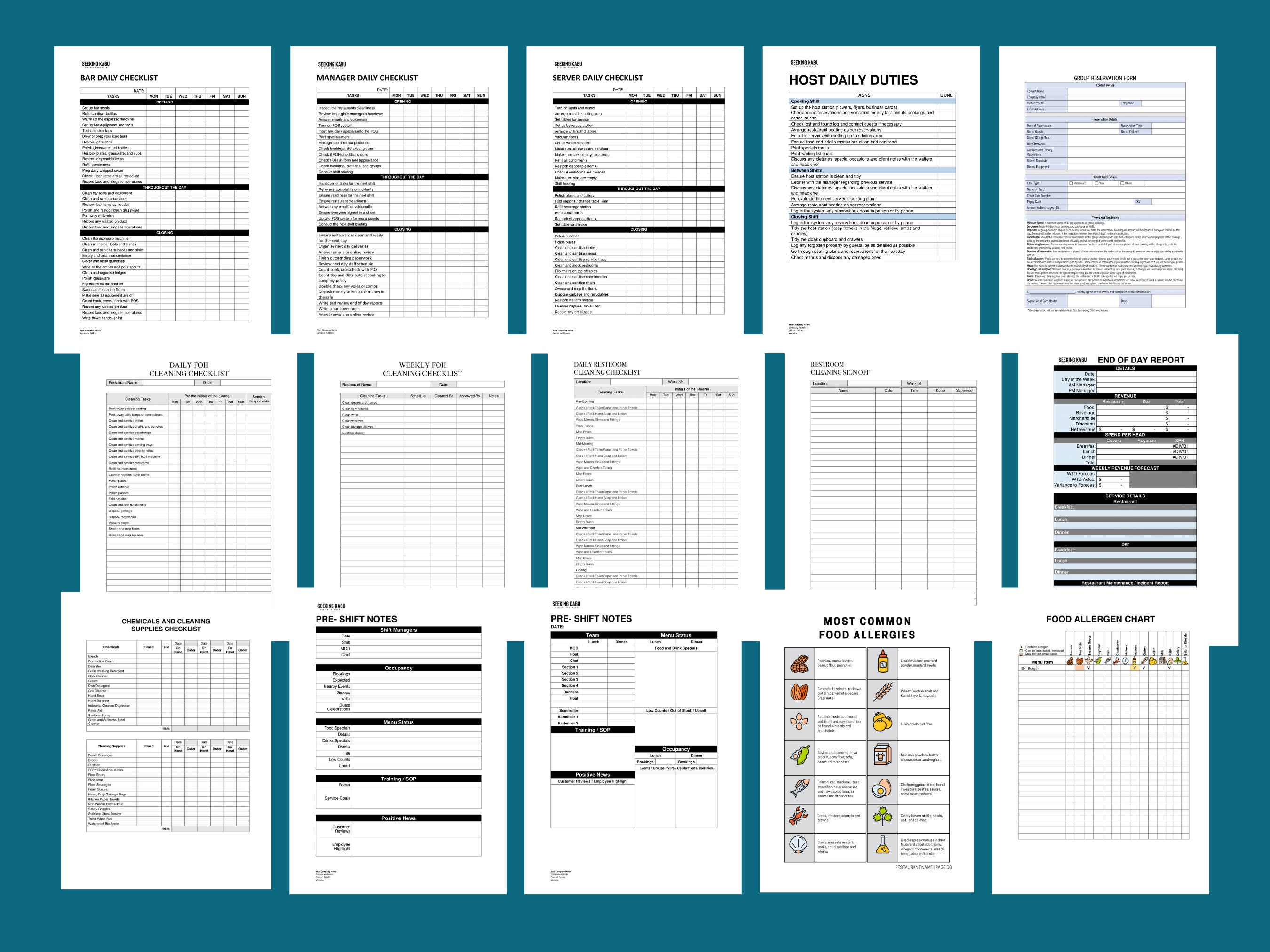 Restaurant FOH Templates Bundle, Daily, Server, Host, Bartender ...