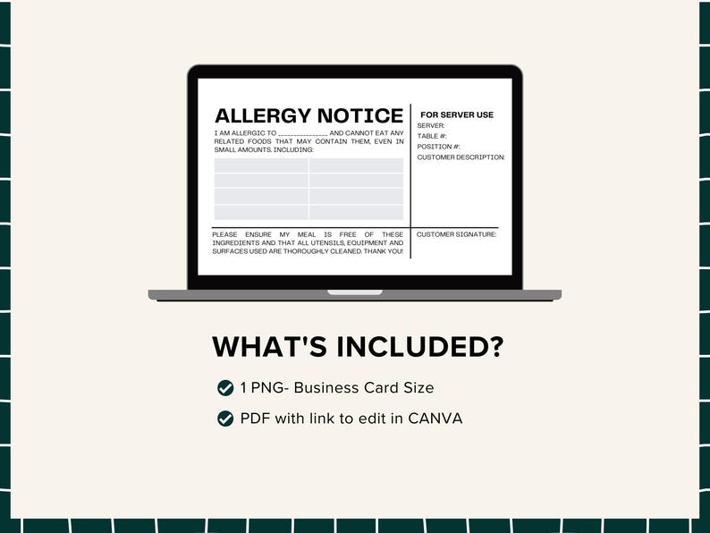 Allergy Notice Card for Restaurants, Food Safety, Celiac Disease, Food ...