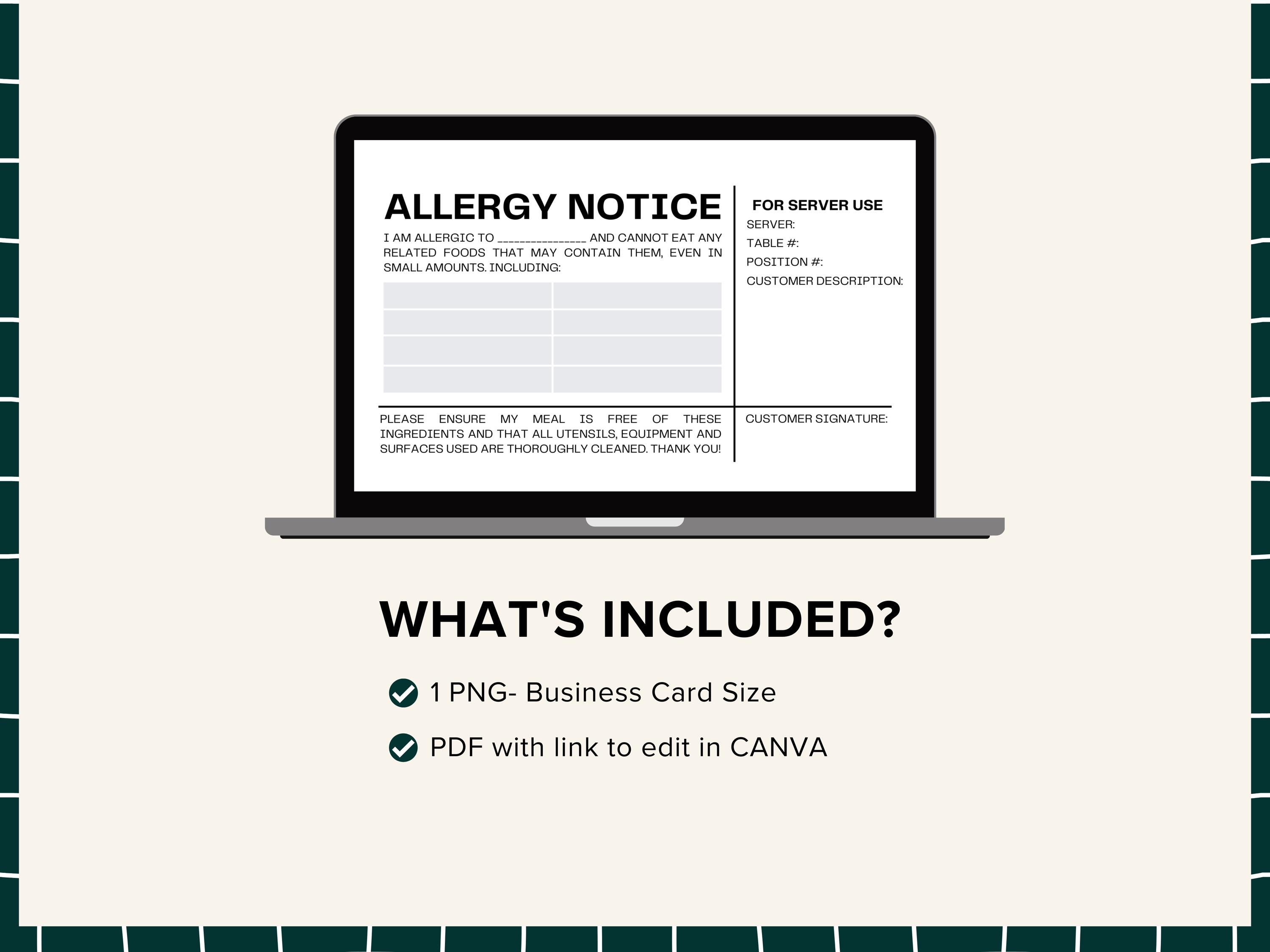 Allergy Notice Card for Restaurants, Food Safety, Celiac Disease, Food ...
