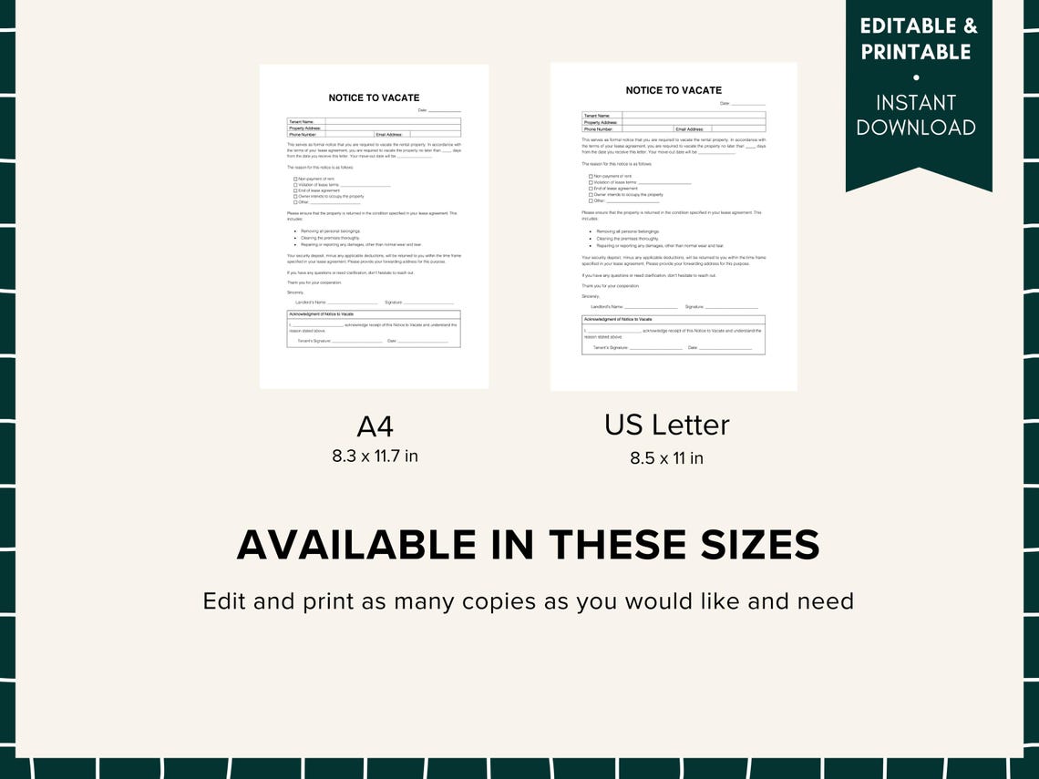 Notice to Vacate Template, Rental Property Eviction Notice, Tenant Move ...