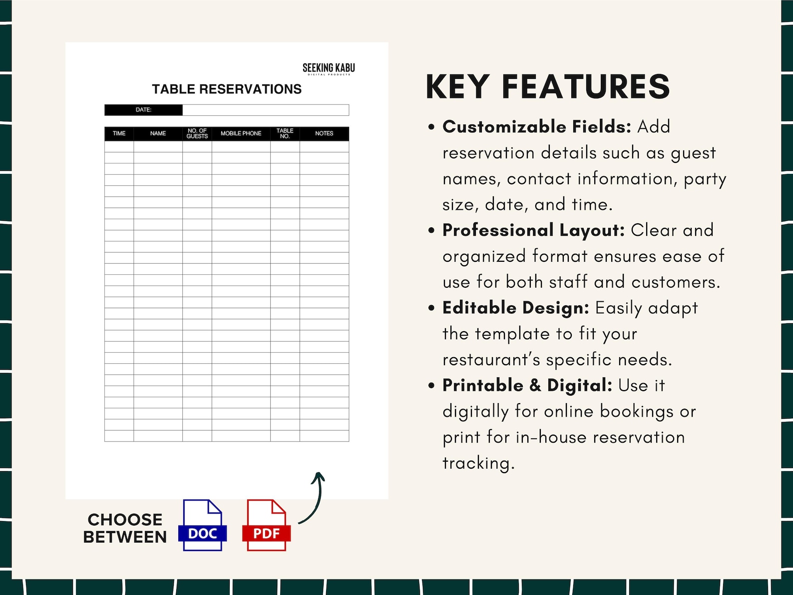 Restaurant Table Reservation Template | Editable Table Booking Form ...