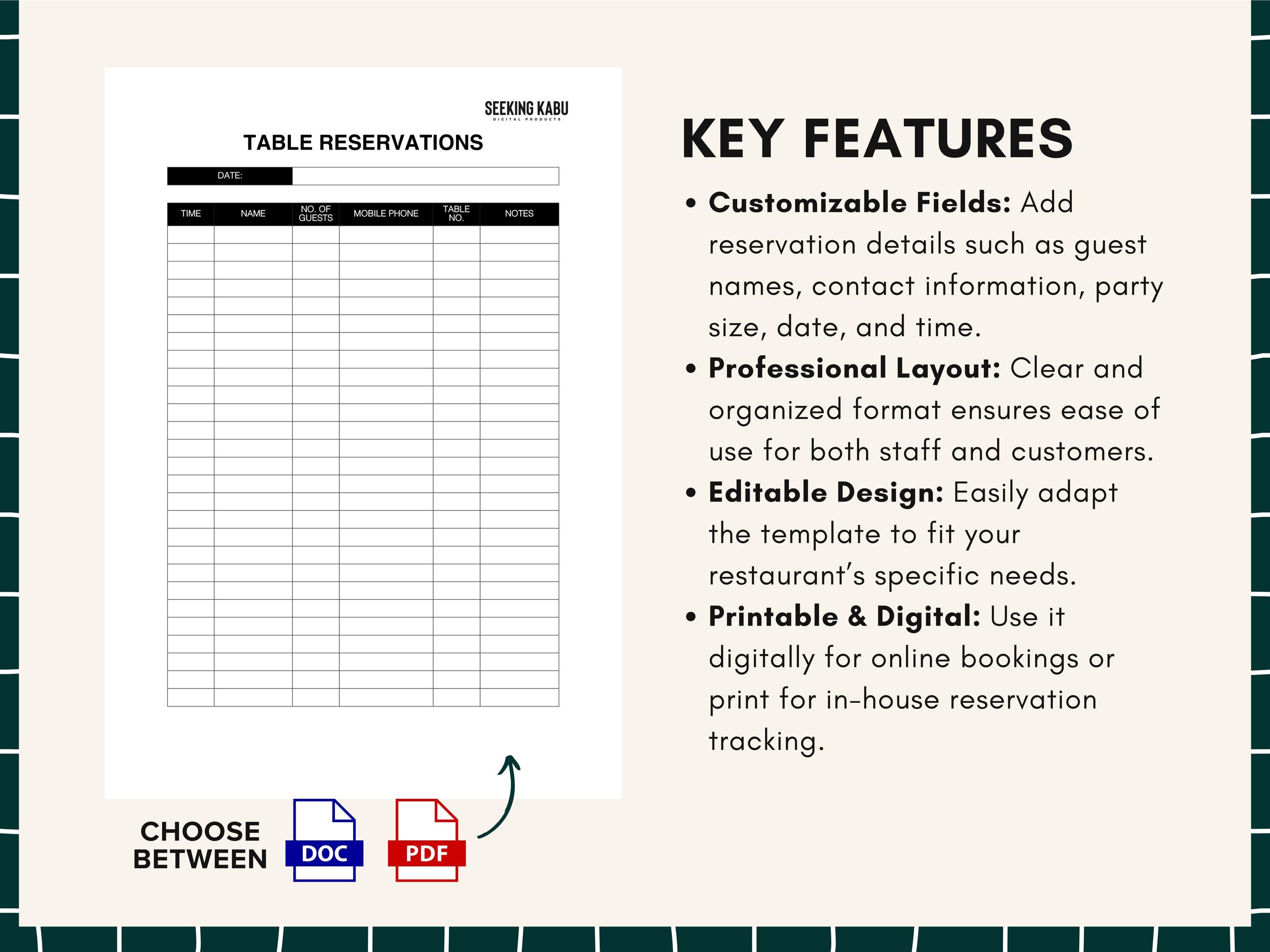 Restaurant Table Reservation Template | Editable Table Booking Form ...