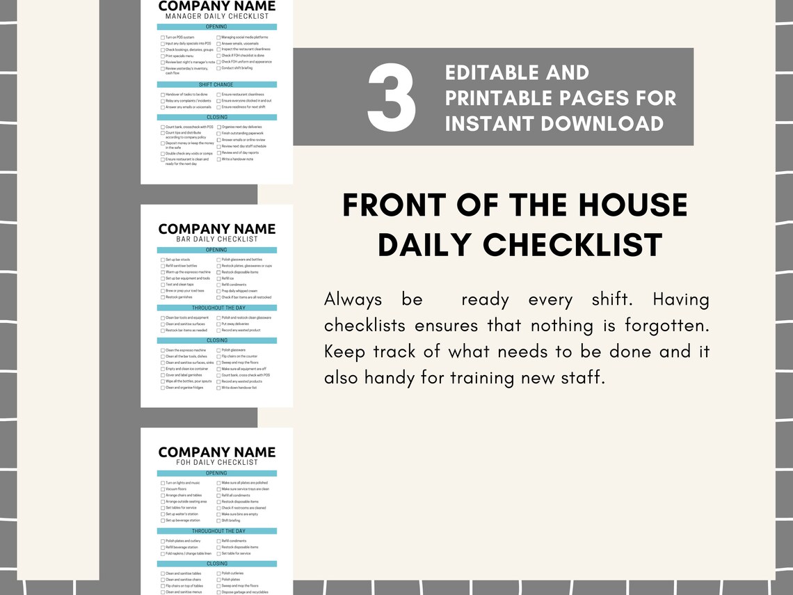 FOH Restaurant Daily Checklist, for Server, Manager and Bartender, for ...