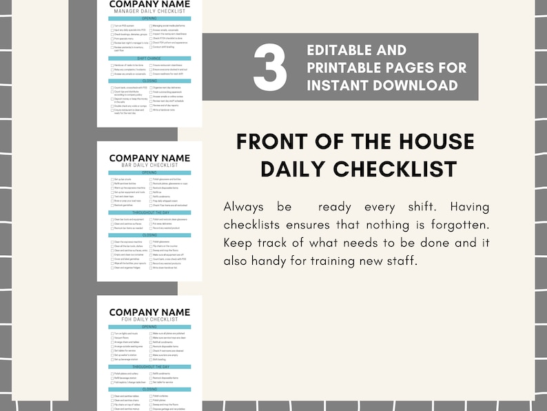 FOH Restaurant Daily Checklist, for Server, Manager and Bartender, for ...