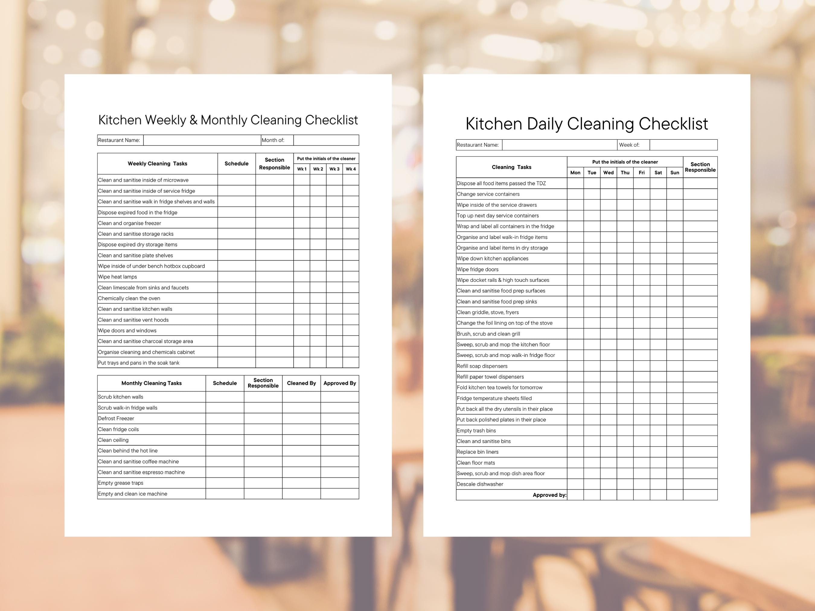 Commercial Kitchen Cleaning Checklist, Professional, Restaurant, Cafe ...