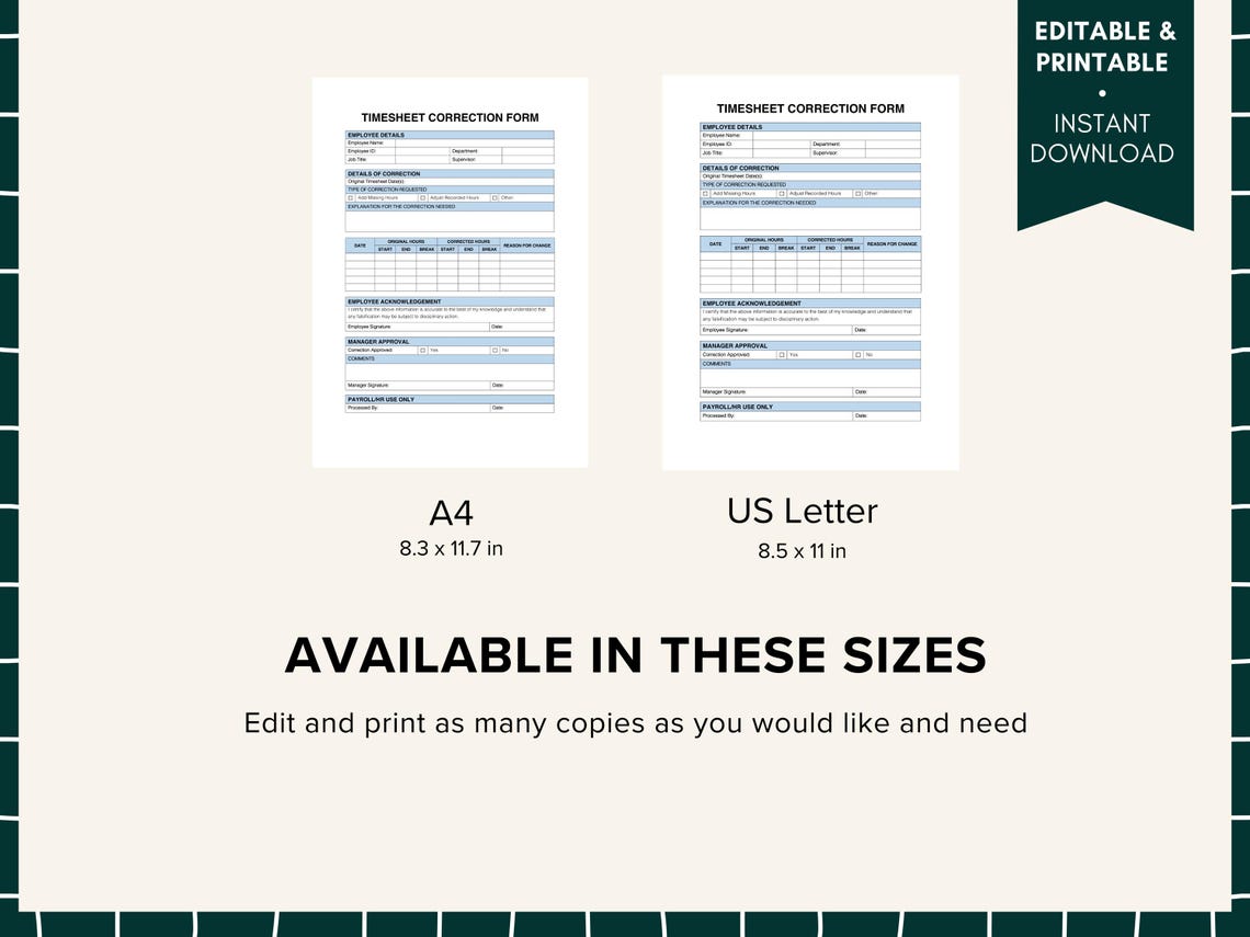 Employee Timesheet Correction Form, Editable Word and PDF, HR Forms ...