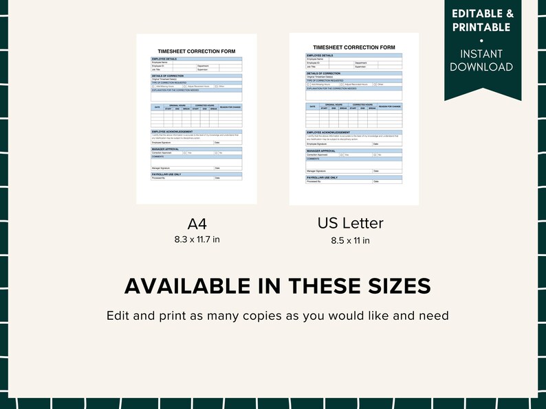 Employee Timesheet Correction Form, Editable Word and PDF, HR Forms ...