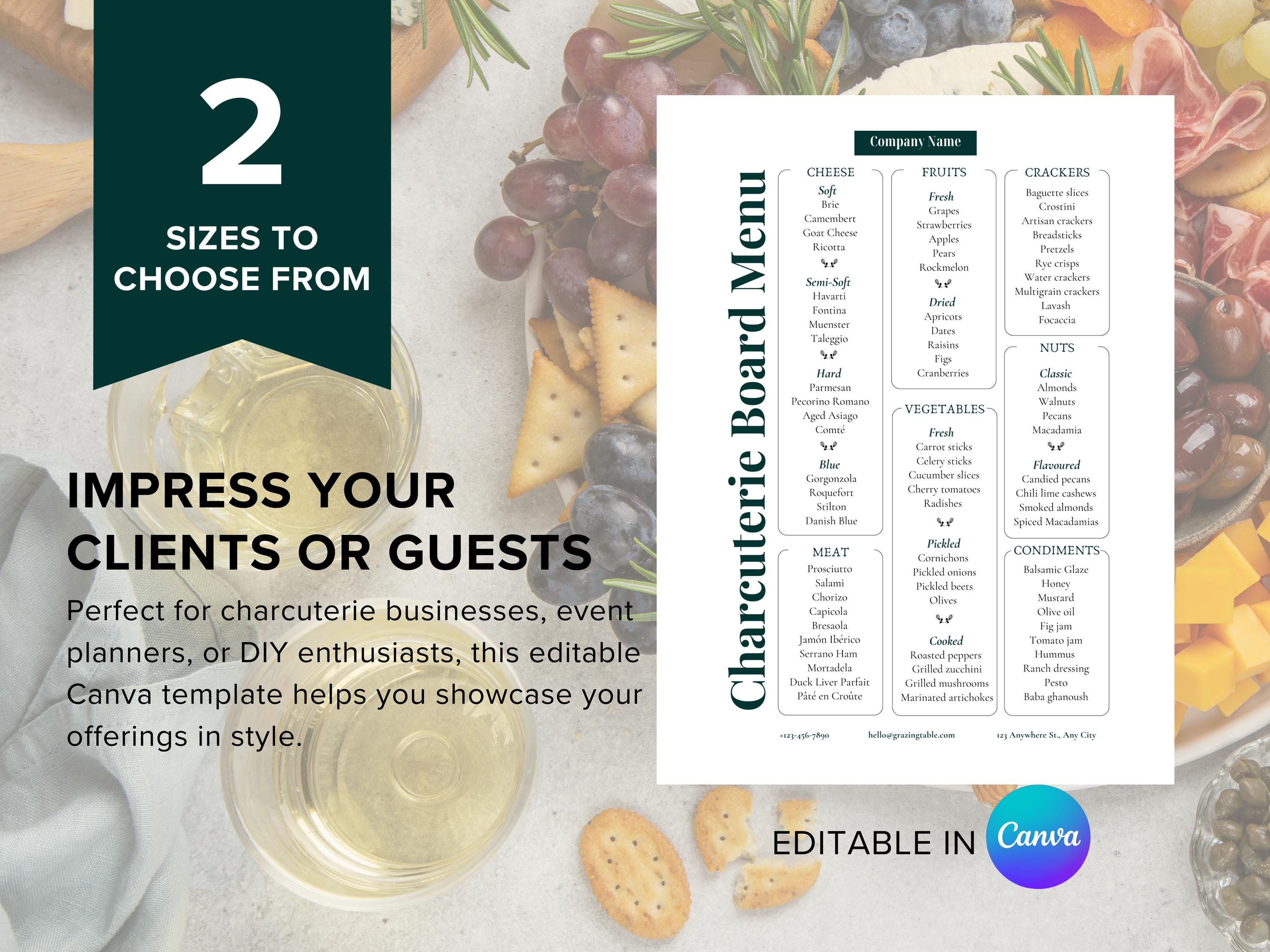Charcuterie Board Menu Template, Canva Customizable, Small Business ...