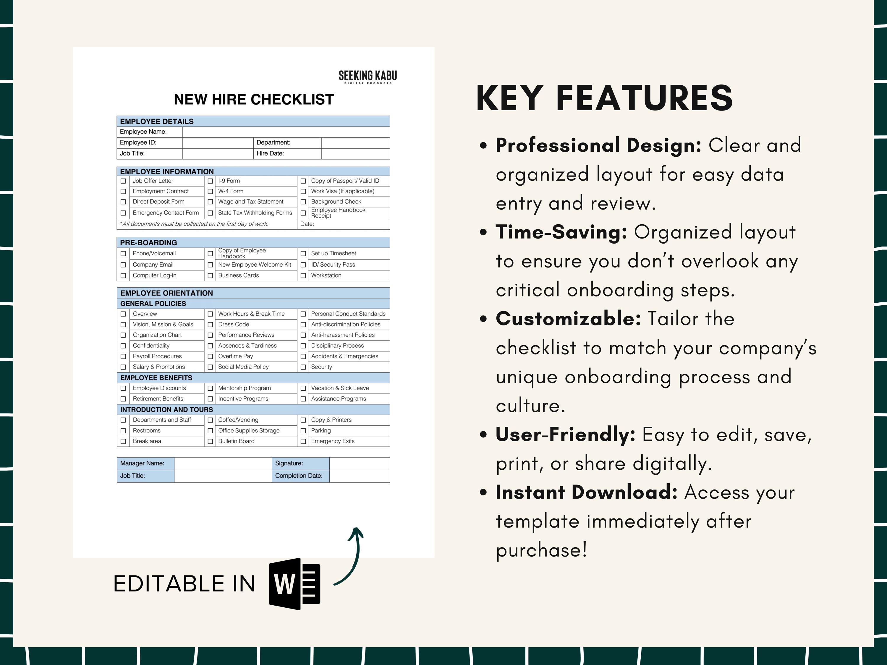 Editable New Hire Checklist, Employee Orientation Checklist, Staff ...