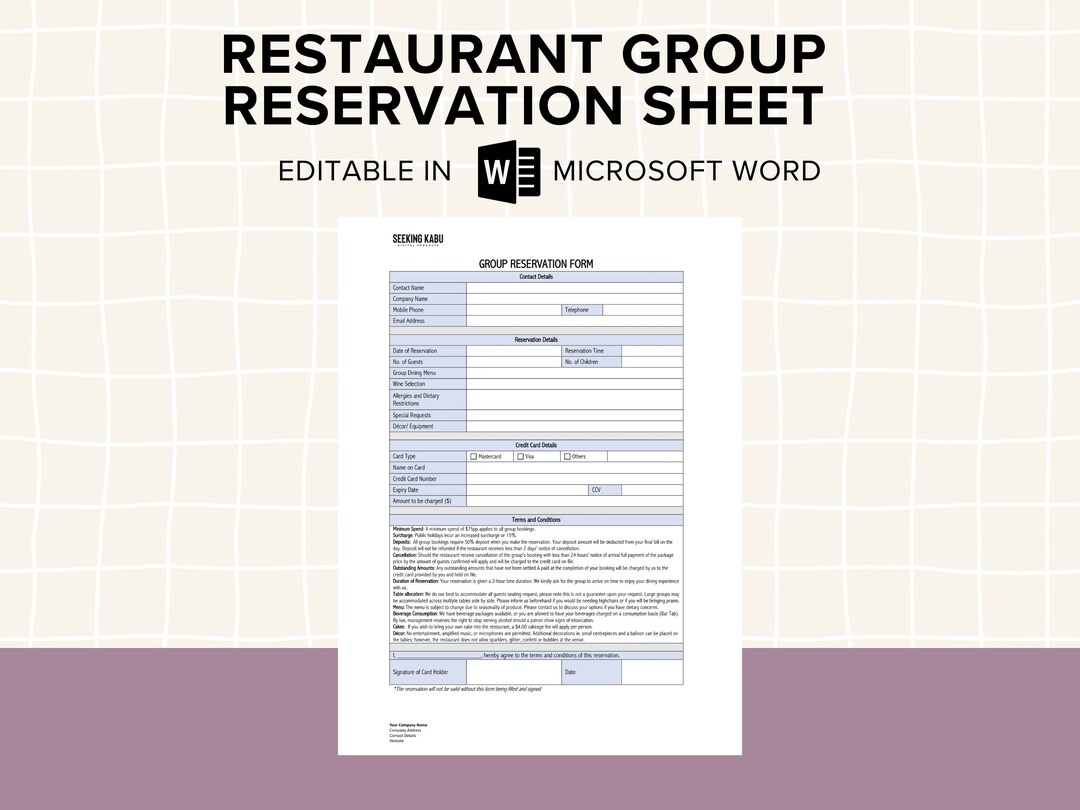 Restaurant Reservation Sheet for Large Groups Editable Templates - Etsy