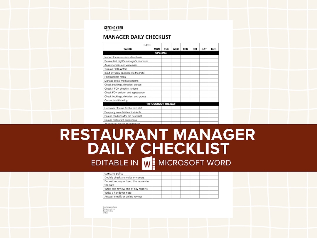 Restaurant Manager Daily Checklist, Cafe, Bar, Casual, Fine Dining ...