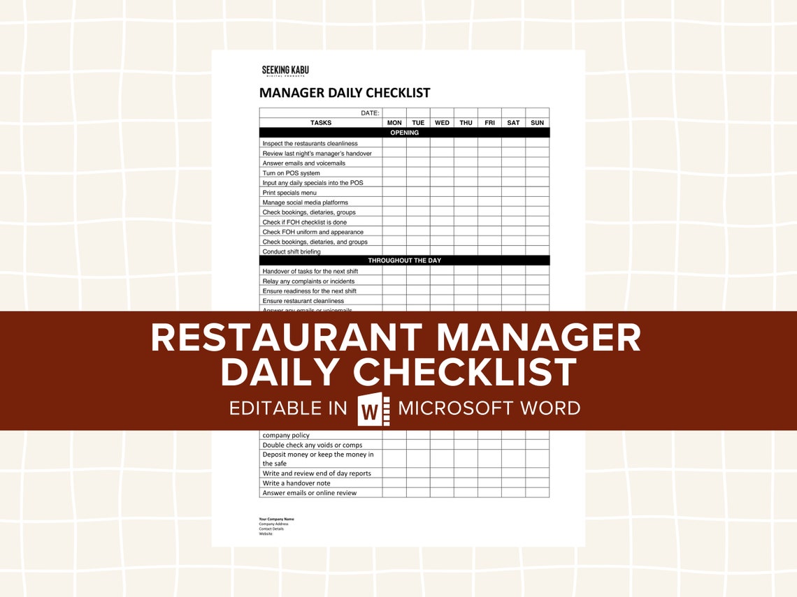 Restaurant Manager Daily Checklist, Cafe, Bar, Casual, Fine Dining ...