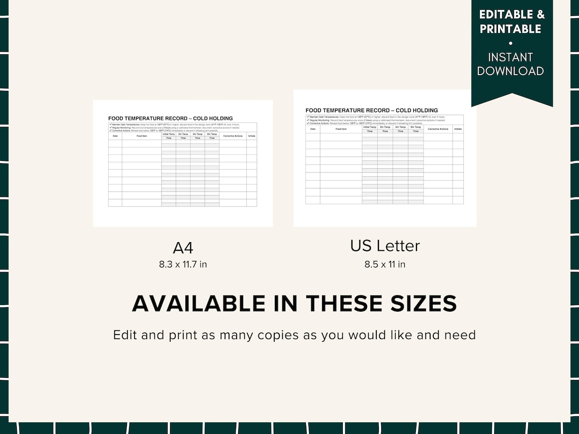 Cold Food Temperature Log, Cold Food Holding Temperature Sheet, Food ...